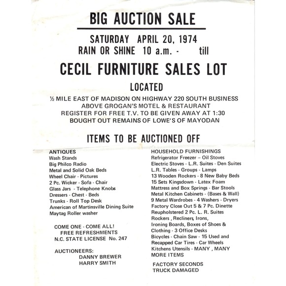 None | Other | 974 Auction Bulletin Cecil Furniture Sales Lot Madison ...